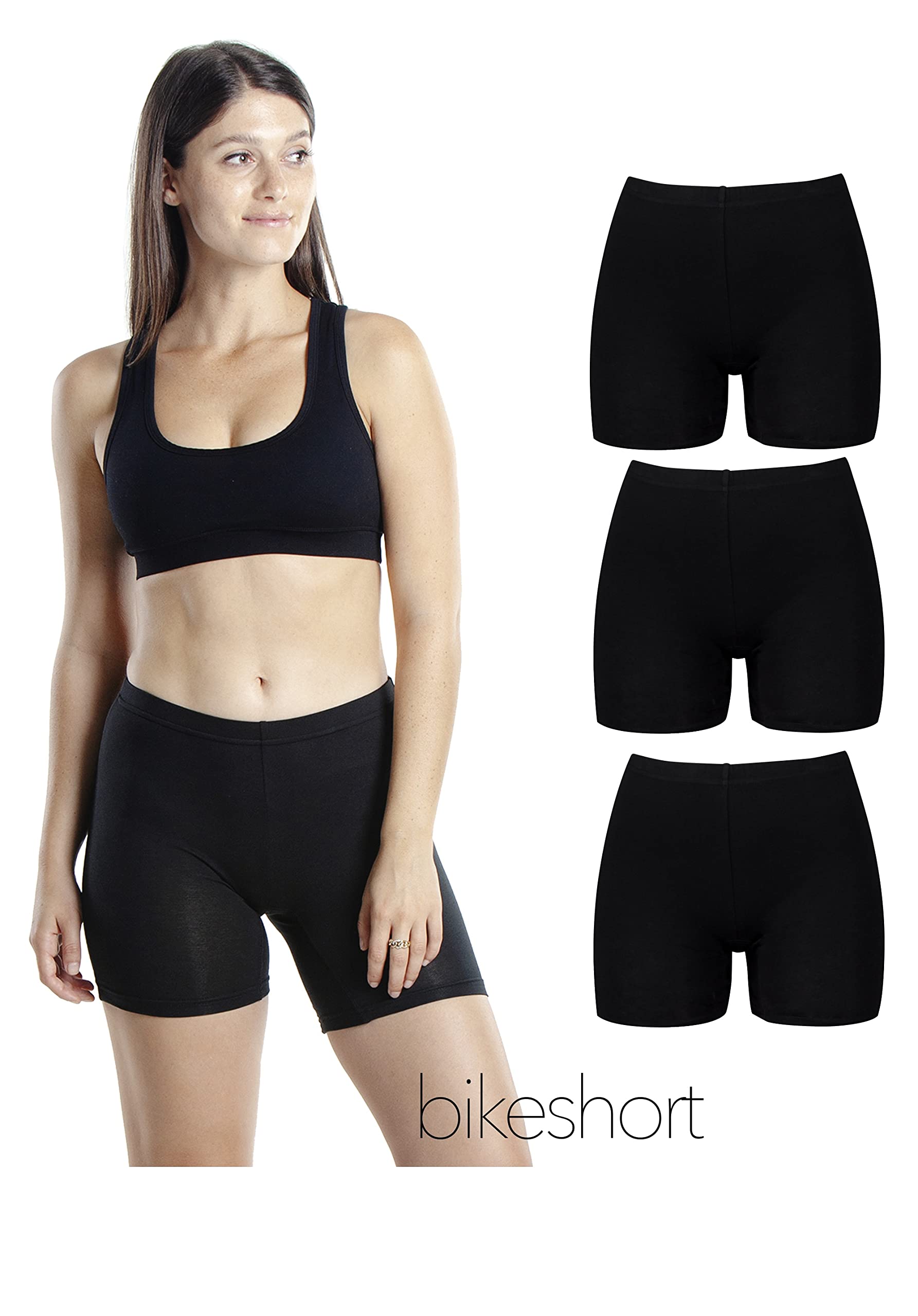 Emprella Slip Shorts 3-Pack Black Bike Shorts Cotton Spandex Stretch Boyshorts For Yoga,Black,Large