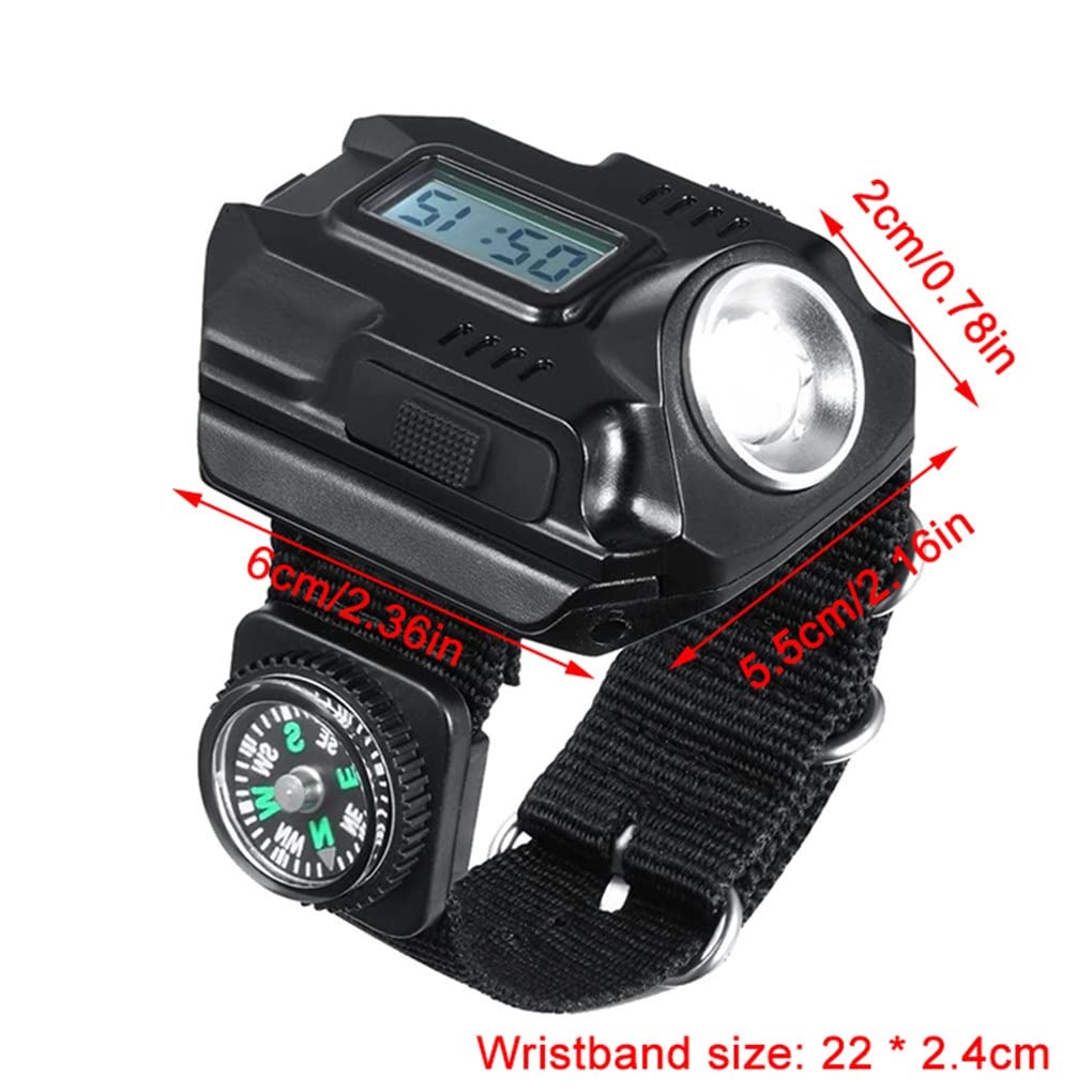 GGRBH LED Wrist Flashlight Rechargeable Compass Watch Light Portable Wrist Light XPE Outdoor Camping Hiking Lighting Tool