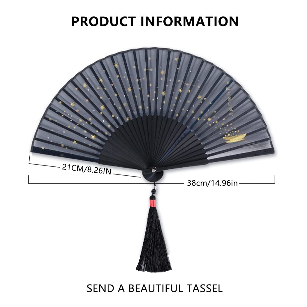 Folding Fan Chinese Style Women's Fan Summer Portable Folding Fan Ancient Style Bamboo Fan Dance Platform for Dance (Color : Black)