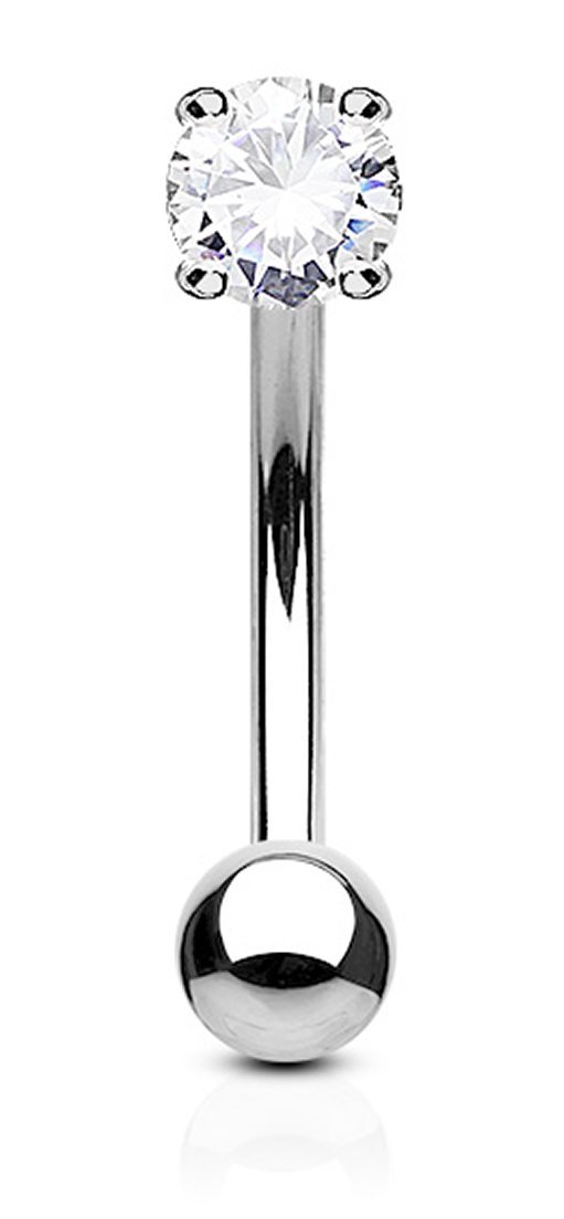 Forbidden Body Jewelry 16g 8mm Surgical Steel Curved Barbell w/Solitaire CZ for Daith, Eyebrow & Rook Piercings (Clear)