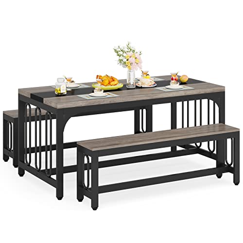Tribesigns 55 Inch Dining Table Set for 4-6, 3-Piece Kitchen Table with 2 Benches, Space-Saving Dining Room Table Set for Home Kitchen, Restaurant, Grey