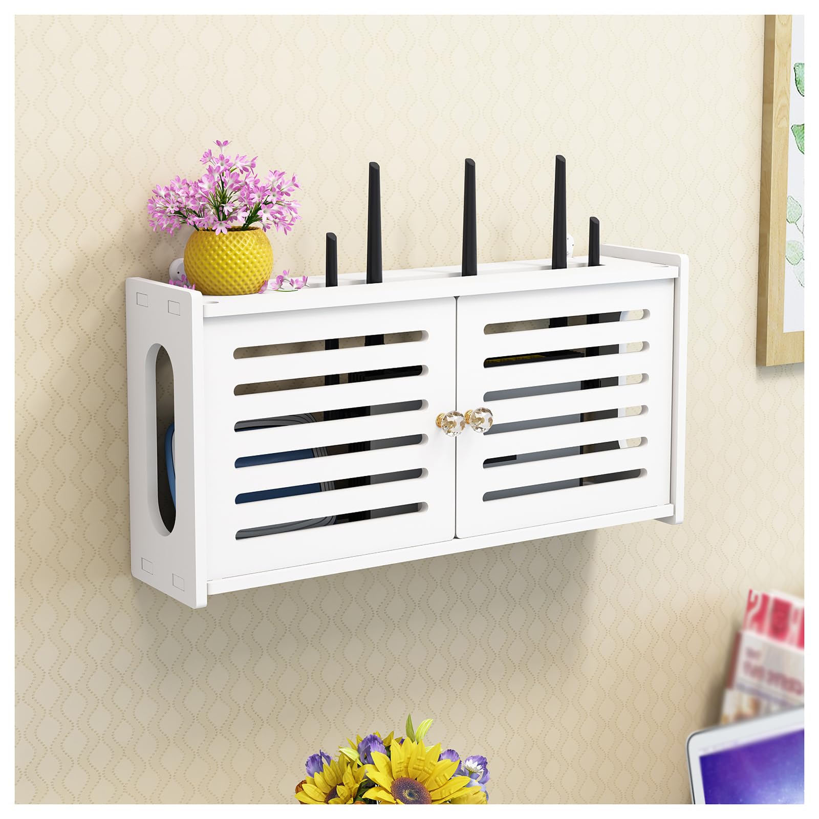 Large WiFi Router Storage Box Router Shelf Wall Mount, Wireless Router Storage Box,Router Organizer, Hider Cord Management Container, Creative Decorative Storage Box.,White,Small