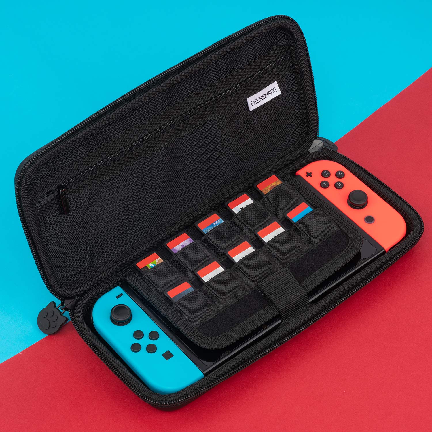 GeekShare Cat Paw Case for Switch - Portable Hardshell Slim Travel Carrying Case fit Switch/Switch OLED Console & Game Accessories - A Removable Wrist Strap (Classic Black