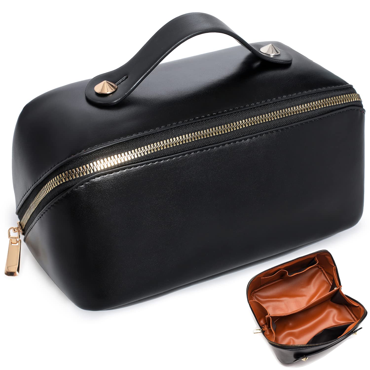 Katadem Travel Makeup Bag,Large Opening Makeup Bag,Portable Makeup Bag Opens Flat for Easy Access, Toiletry Bag,PU Leather Makeup Bag,Large Cosmetic Organizer for Women (Black)