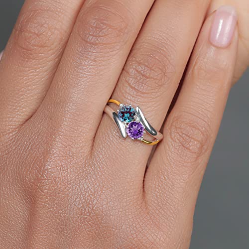 Gem Stone King 1.08 Ct Purplish Created Alexandrite Purple Amethyst 925 Silver and 10K Yellow Gold Ring (Size 9)