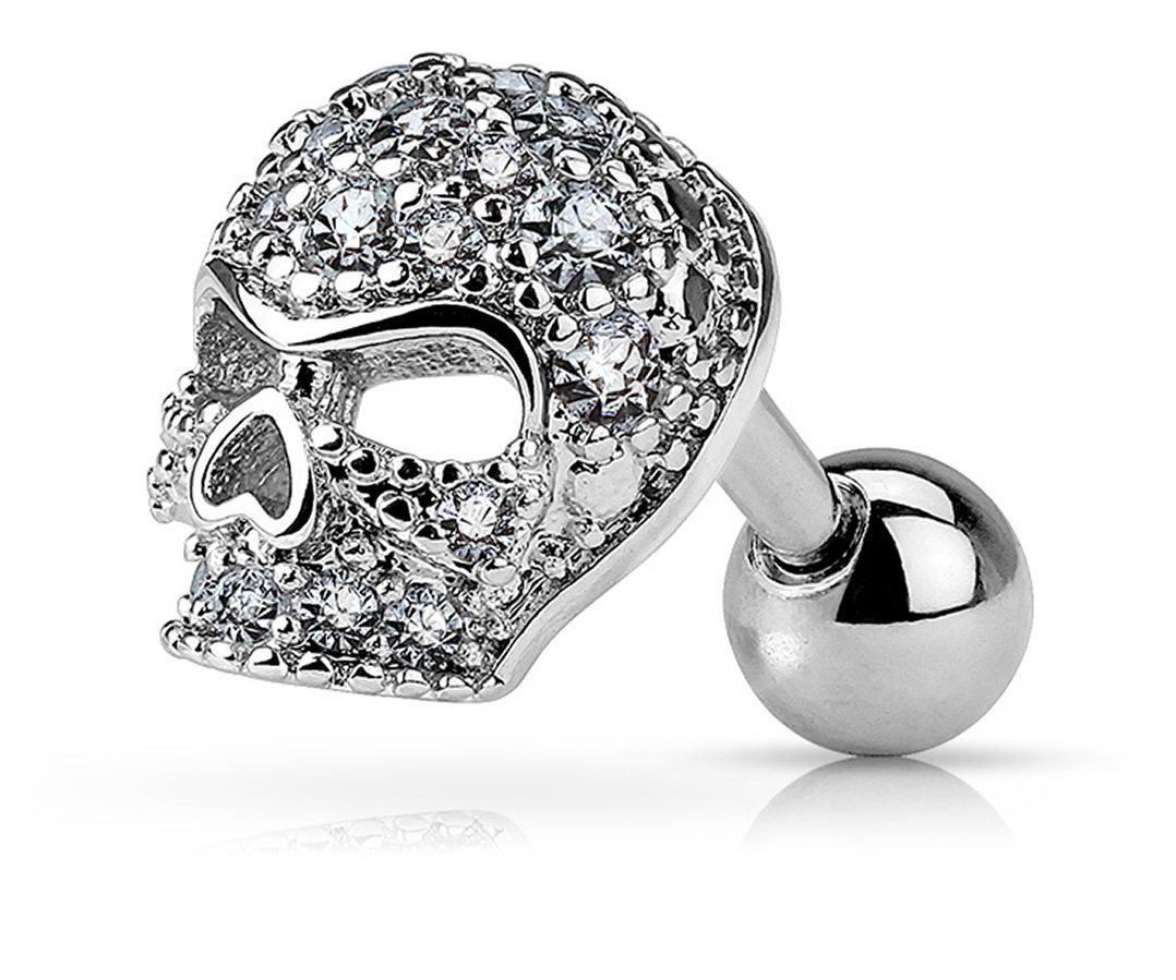Forbidden Body Jewelry Surgical Steel Skull Earrings Micro CZ Paved Cartilage Stud 16G