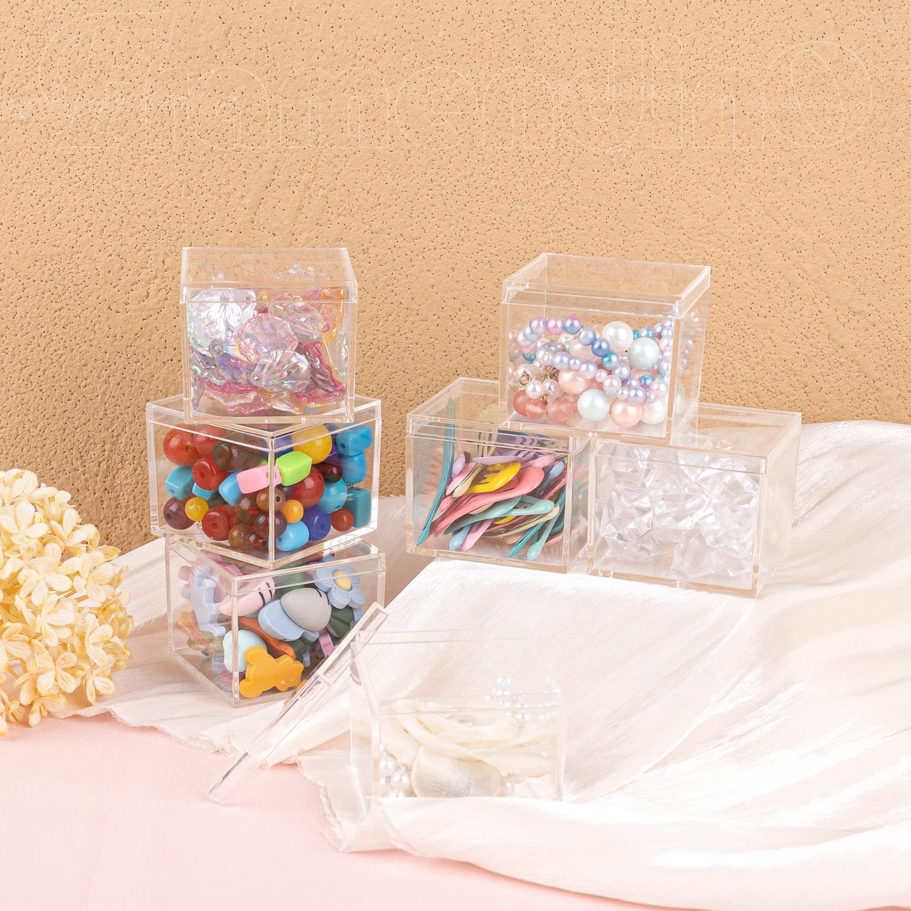 Framendino, 18 Pack Clear Acrylic Cube Boxes Small Square Storage Box with Lid Display Box Stackable Small Container