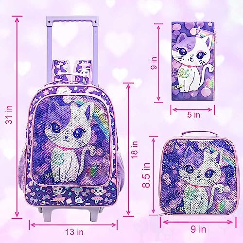 UFNDC 4PCS Rolling Backpack for Girls, Kids Cat Sequin Wheeled Bookbag ,Travel Roller School Bag with Wheels