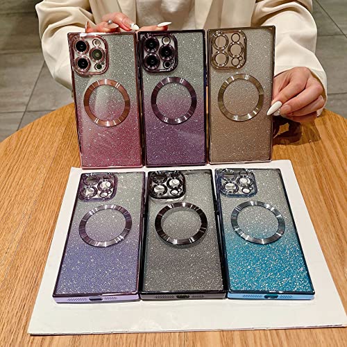 Misscase for iPhone 14 Pro Square Case Compatible with MagSafe, Full Protection Magnetic Glitter Camera Lens Protector Anti-Scratch Dust-Proof Net Cover Gold, (SH-0426-i14P4)