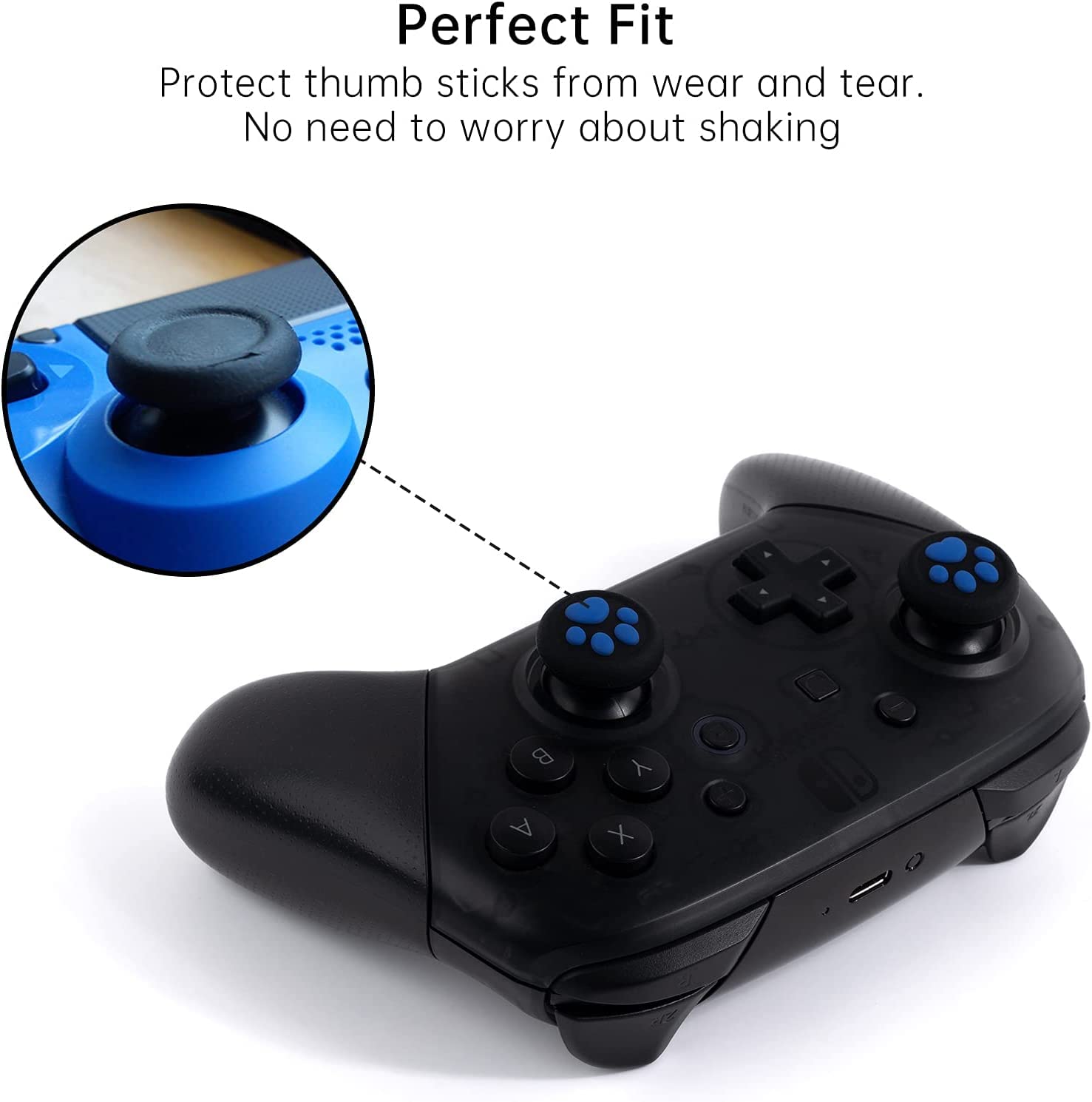GeekShare Cat Paw Playstation 4 Controller Thumb Grips, Thumbsticks Cover Set Compatible with Switch Pro Controller and PS4 PS5 Controller, 4 Pcs - Black and Blue