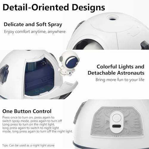 Humidifier for Bedroom Kids, Mini Water Diffuser with Colorful Night Lights Cool Air Mist Quiet Humidifiers with Cute Space Capsule Detachable Astronaut Rechargeable for Office Desktop 220ML(White)