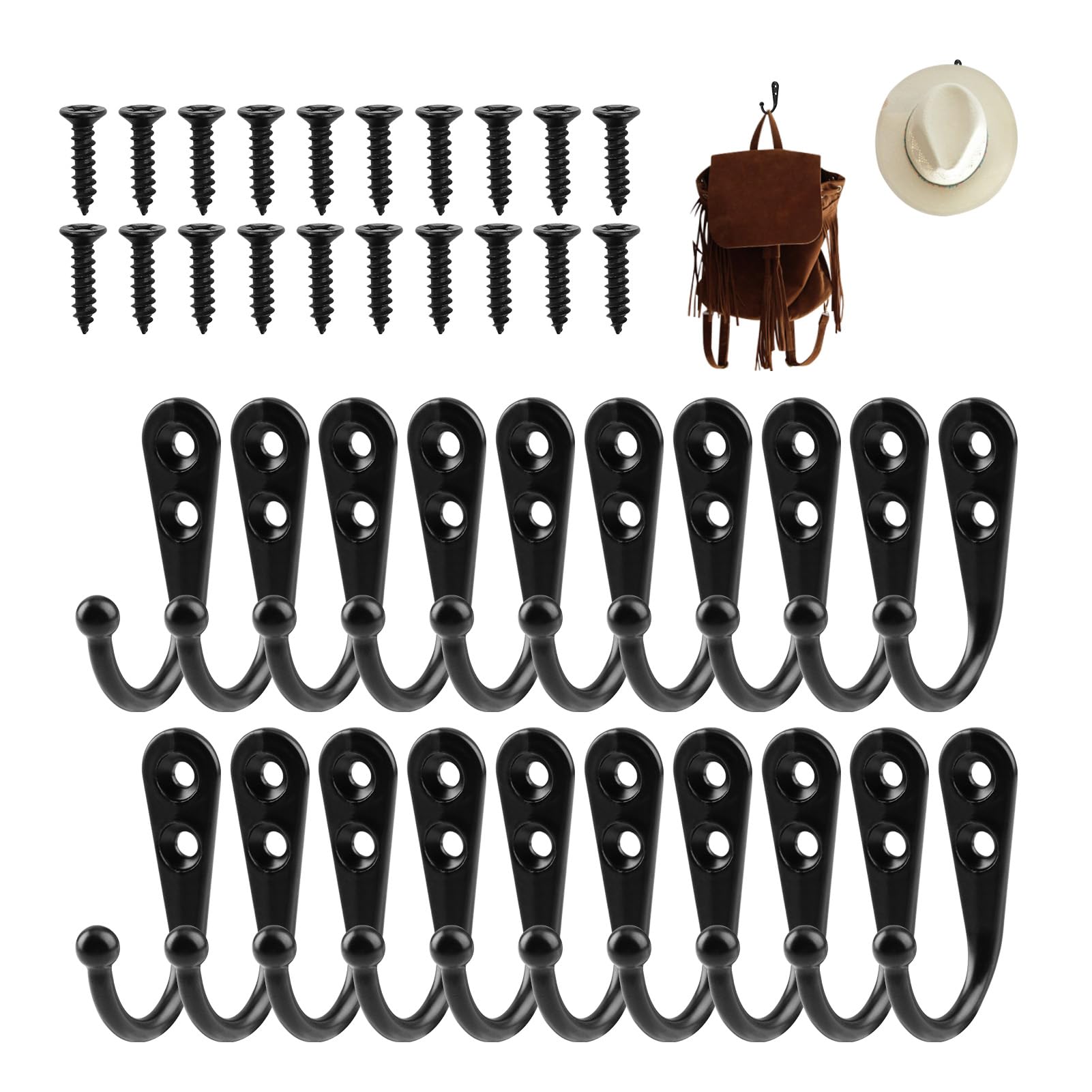 hoeslaw 20PCS Wall Mount Coat Hooks, Metal Heavy Duty Hanger with 40PCS Screws, Rustproof Wall Mout Hook for Hanging Towel Robe Bag Cup Bathroom Bedroom Kitchen Living Room Hotel Garage Pool (Black)