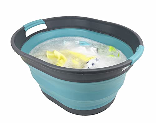 SAMMART 23L (6 Gallons) Set of 2 Collapsible Plastic Laundry Basket - Oval Tub - Foldable Storage Container/Organizer - Portable Washing Tub - Space Saving Laundry Hamper (Alloy Grey/Crystal Blue)