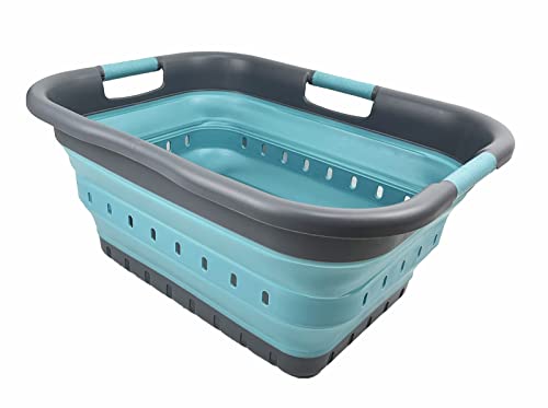 SAMMART 41L (10.8 Gallon) Collapsible Plastic Laundry Basket - Foldable Pop Up Storage Container/Organizer - Portable Washing Tub - Space Saving Hamper/Basket (Grey/Crystal Blue)