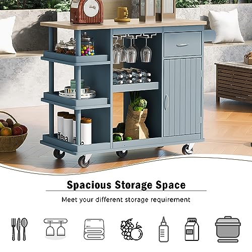 TOCLIU Bar Cart, Serving Cart Microwave Cart, Drink Cart, Mobile Kitchen Shelf with Wine Rack and Glass Holder, Rolling Beverage Cart for Home (Blue)