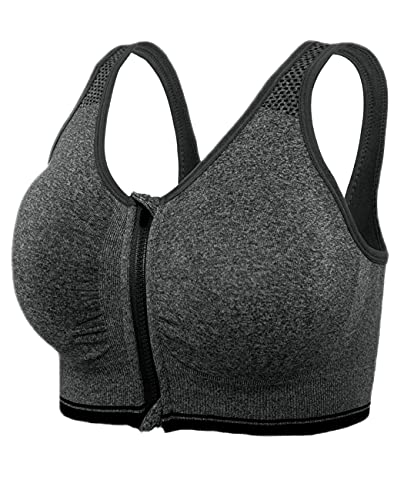 FLORATA Sports Bras for Women Zip Front Sports Bra Wireless Post-Surgery Bra Removable Cups Yoga Sport Bra