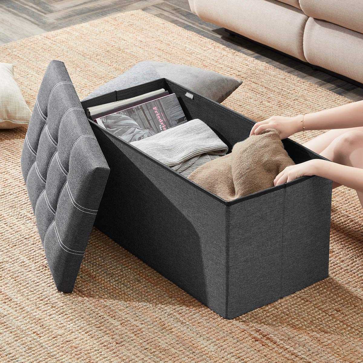 YOUDENOVA 43 Inches Folding Storage Ottoman Bench, Ottoman with Storage Footrest for Living Room, Bed End Bench Chest Seat with Divider, Faux Leather Grey