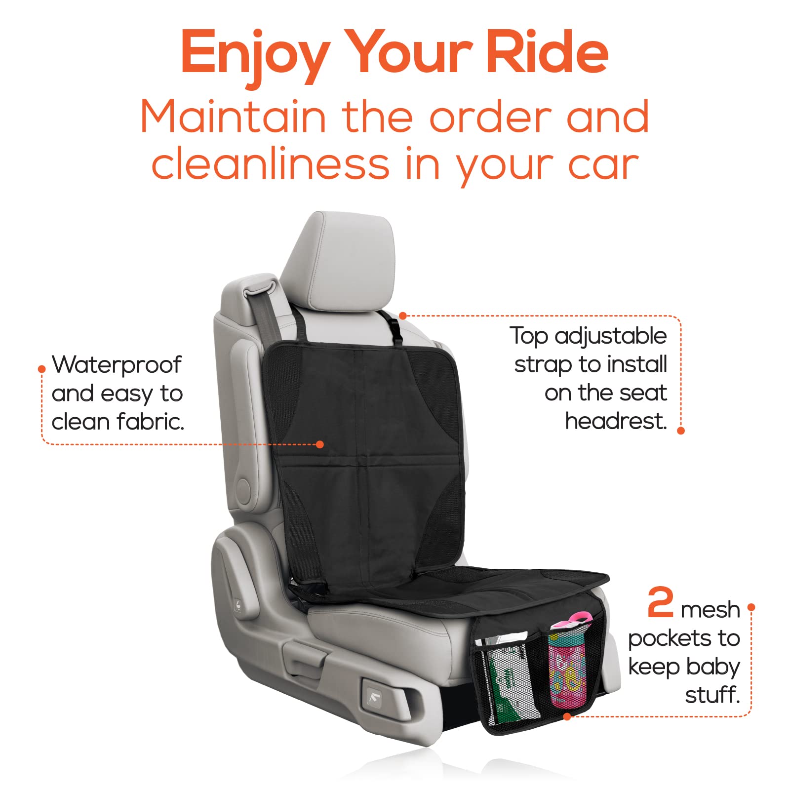 Trobo Car Seat Protector for Child Carseat, Luxury Non-Slip Large Thick Padding Waterproof Baby Car Seat Mat Pad Cover with 2 Mesh Organizer Storage Pockets to Protect Leather and Upholstery, Black
