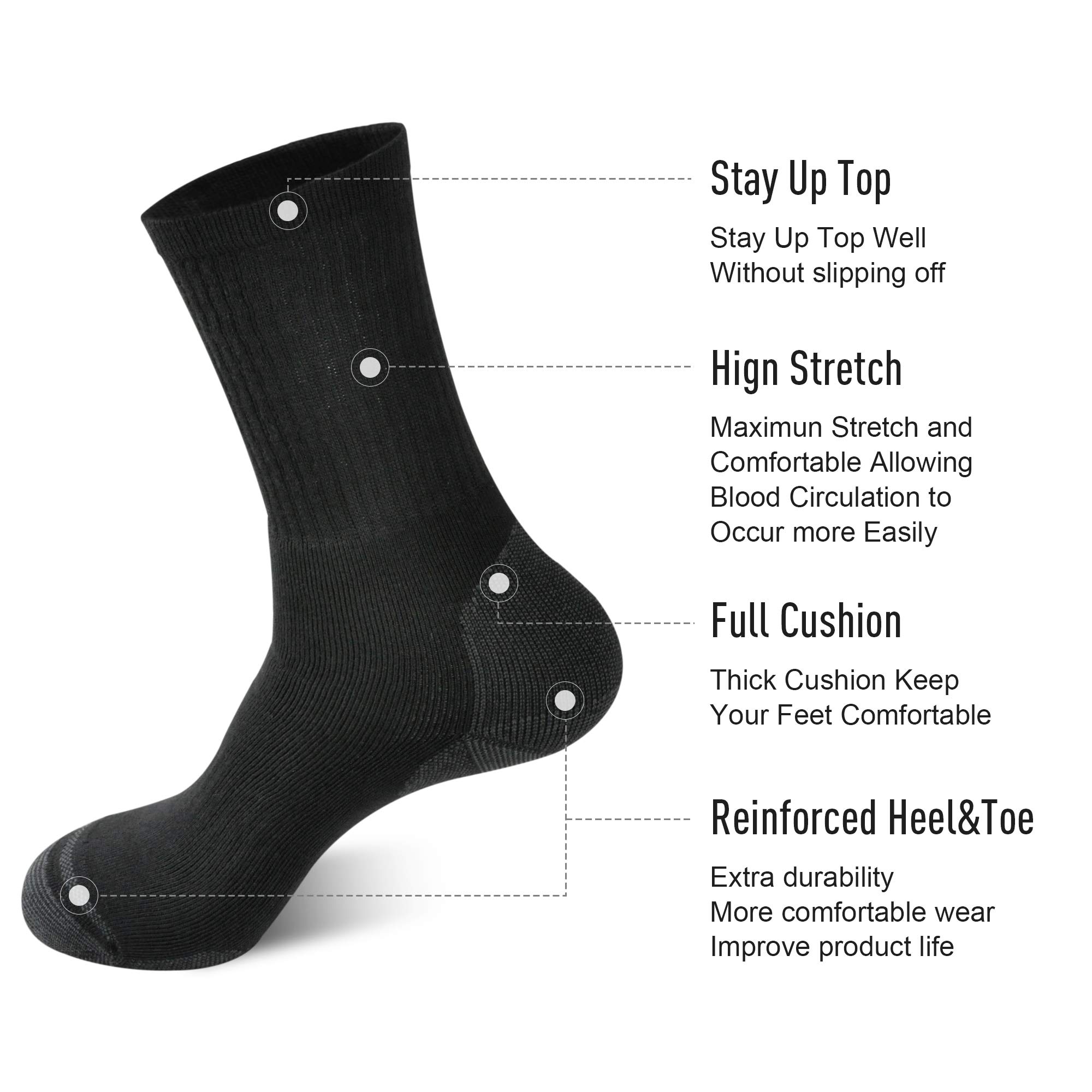 ECOEY Men's Work Boots Athletic Running Crew Socks, Dry-Tech Moisture Wicking Heavy Cushion 8 Pairs (Black, 9-11)