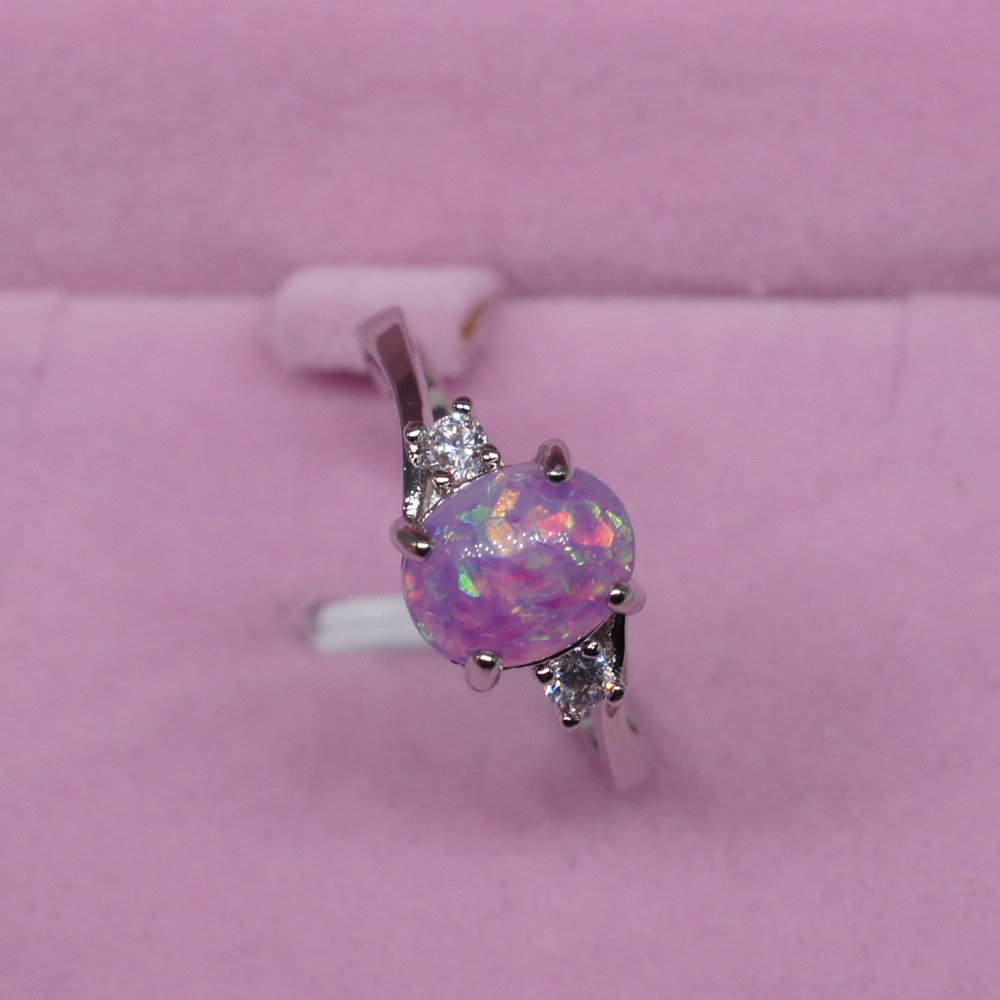 Exquisite Women's Sterling Silver Ring Oval Cut Fire Opal Diamond Band Rings Stacking Rings (Purple, One Size)