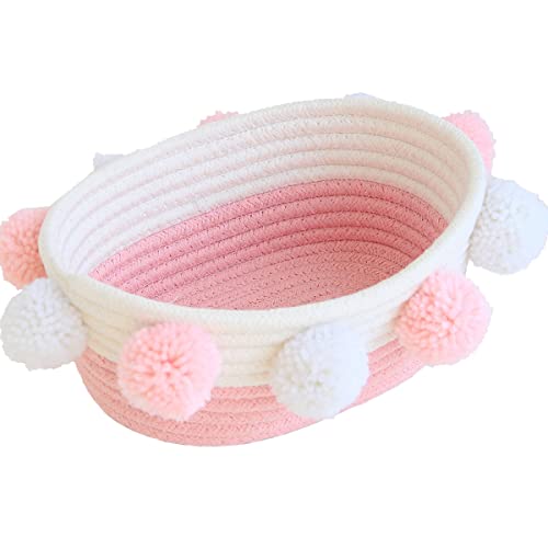 RengaoRise Small Pink Basket with Pompoms, 10.6" x 9.8" x 4.3" Oval Decorative Cute Cotton Rope Woven Baby Basket for Diapers, Towels, Hair Accessories,Toys, Gifts, Basket Empty to Fill for Baby Shower, Nursery, Birthday