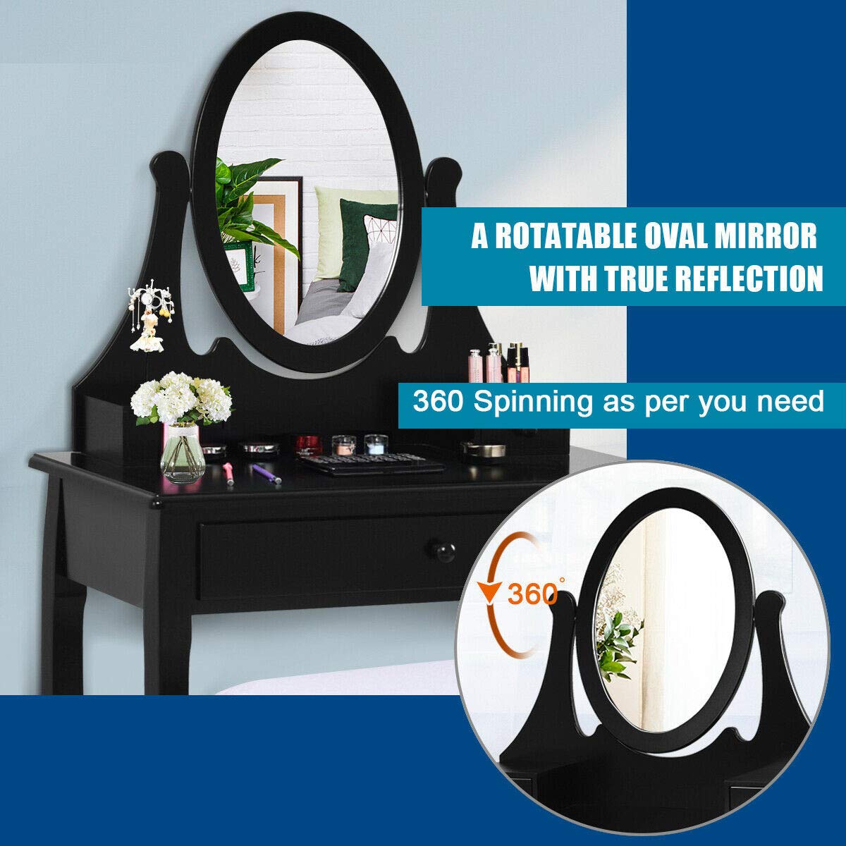 GOFLAME Vanity Dressing Table Set with Cushioned Stool & 360° Adjustable Mirror, Multifunction Makeup Dressing Table Writing Desk with 3 Drawers, for Home Office, Contemporary Vanity Tables (White)