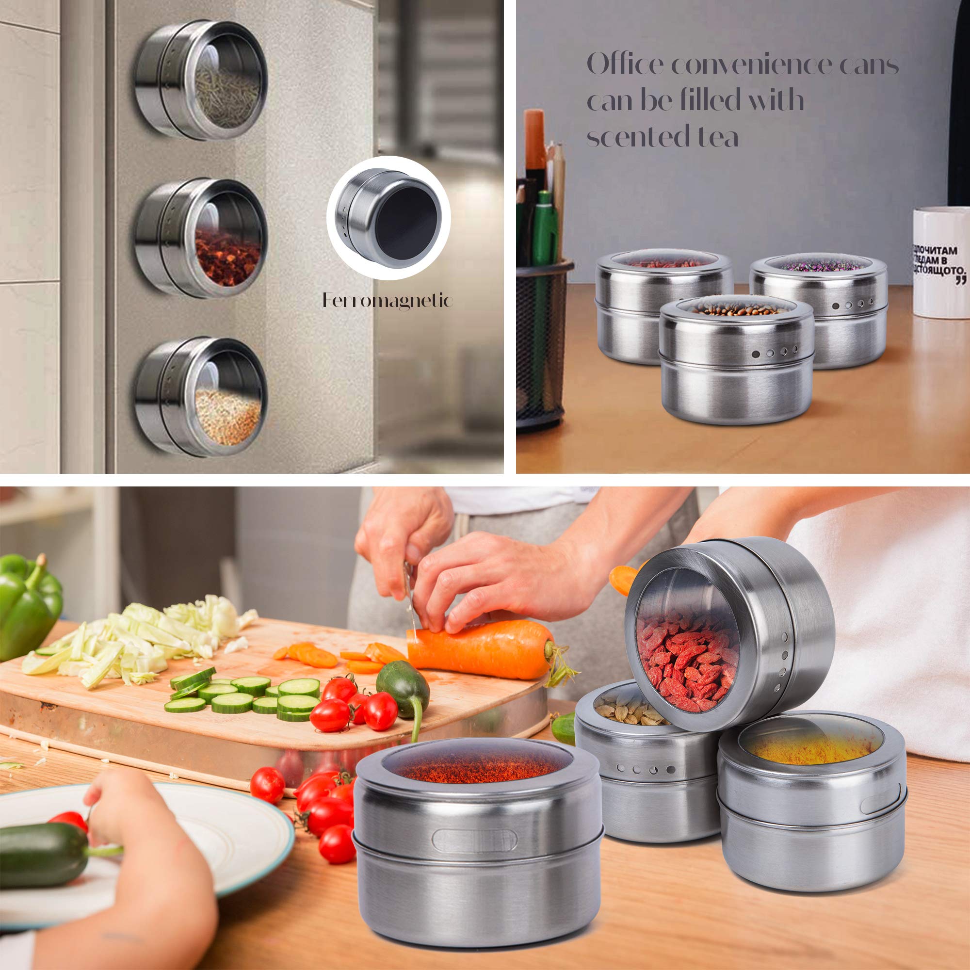 ILEBYGO Magnetic Spice Tins 6pcs Stainless Steel Spice Jars Storage Spice Containers,Clear Top Lid with Sift or Pour,48 Blank Spice Stickers Include,Magnetic on Refrigerator and Grill