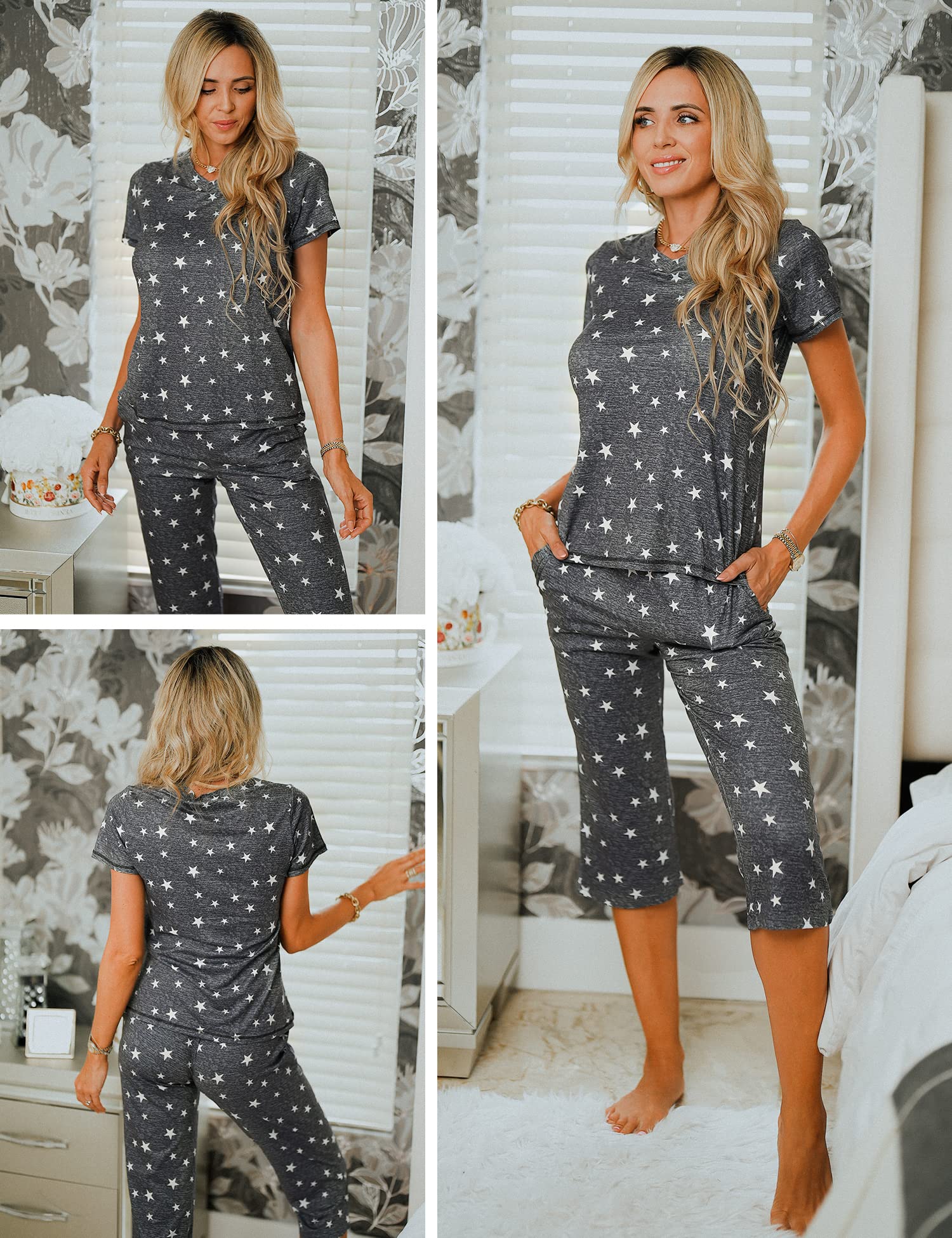 Ekouaer Women's Sleepwear Capri Pajama Sets Short Sleeve Two-Piece Pjs V Neck Tops & Capri Pants with Pockets S-3XL