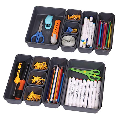 Set of 12 Interlocking Desk Drawer Organizer Tray Dividers Plastic Shallow Narrow Drawers Organizers Separators and Storage Bins Container for Kitchen Bathroom Makeup Office Vanity Bedroom Dresser