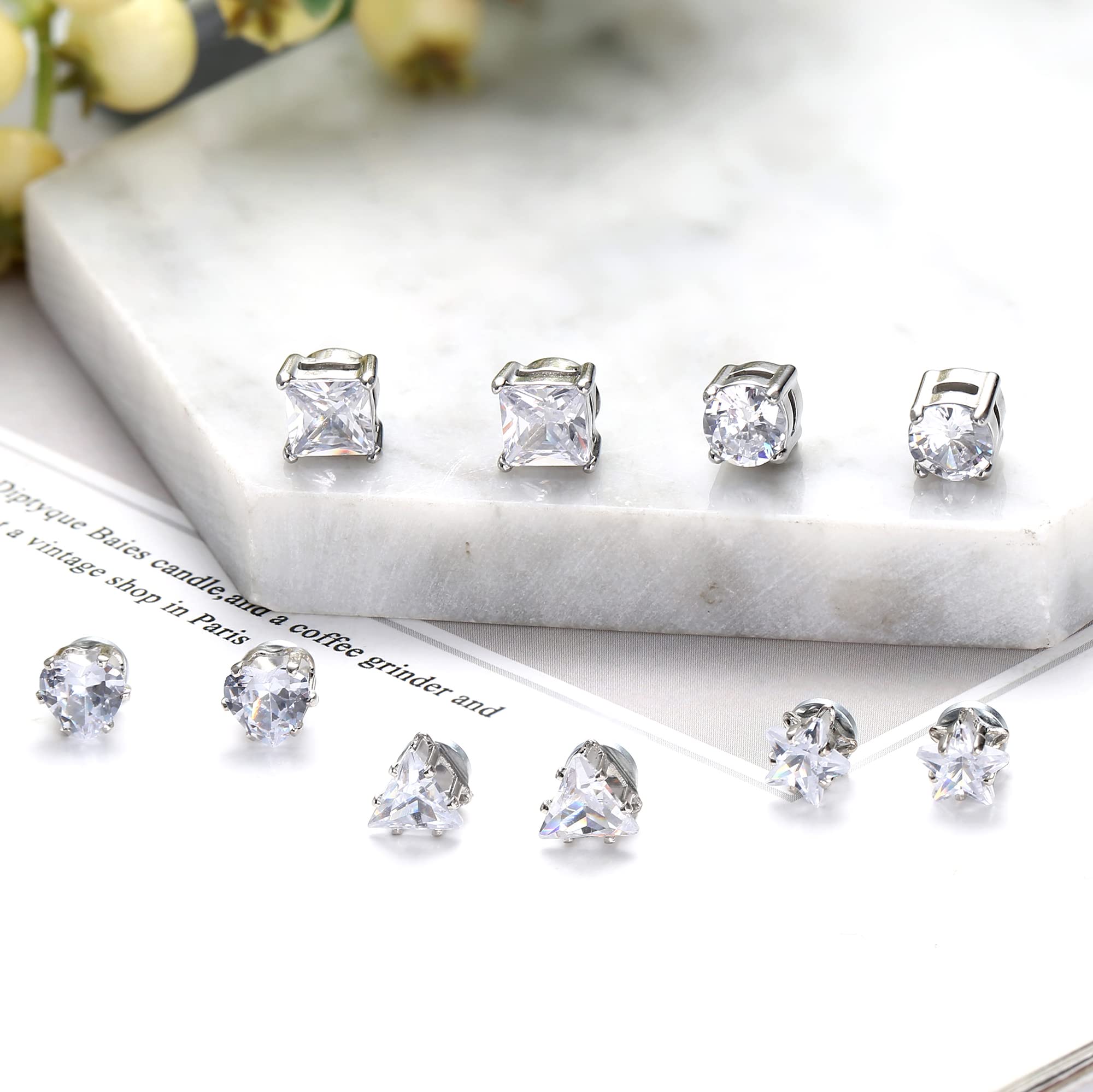 Florideco 5 Pairs Stainless Steel Magnetic Stud Earrings for Women Men Non Piercing CZ Hypoallergenic Earrings Clip On Stud Earrings Set 6MM