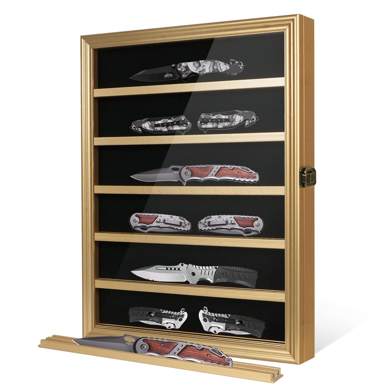 Pocket Knife Display Case,6 Rows Knife Display Case with HD Toughened Glass,Military Folding Knife Shadow Box Wall Cabinet - Knife Cases for Collections with Removable 2 Grooves Shelves, Black