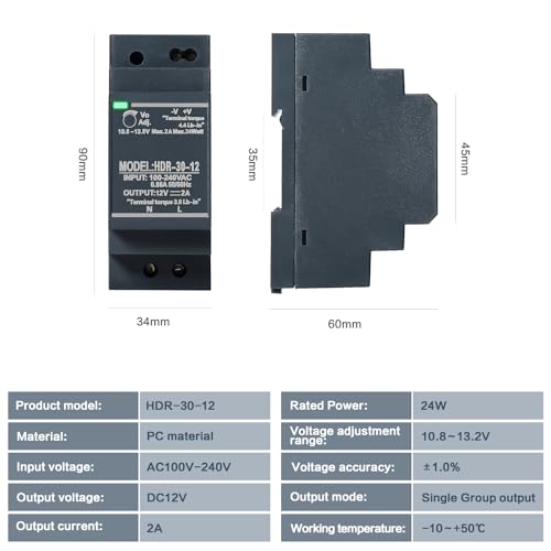 Jadeshay DIN Rail Power Supply, 30W 12VDC 2A Switching Power Supply with Overload Protection and Stable DC Output (HDR-30-12)