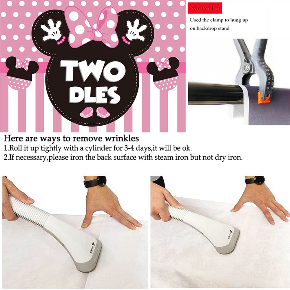 HEETON Pink Mouse Twodles Birthday Party Supplies Decorations Pink Girl Second Fabric Banner Backdrop for Baby Two Years Old 2nd Birthday Photo Props Background -7 x 5ft