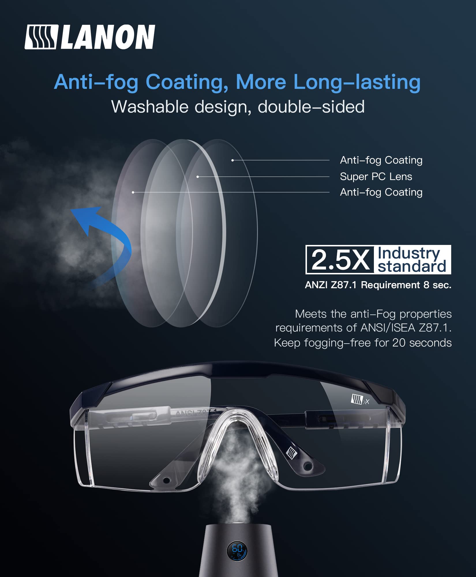 LANON 3 Pack Anti-Fog Safety Goggles with Ajustable Temples, 2.5 Times ANSI Z87.1 Double-sided Antifog, Side Protection, High Transmission, Lightweight