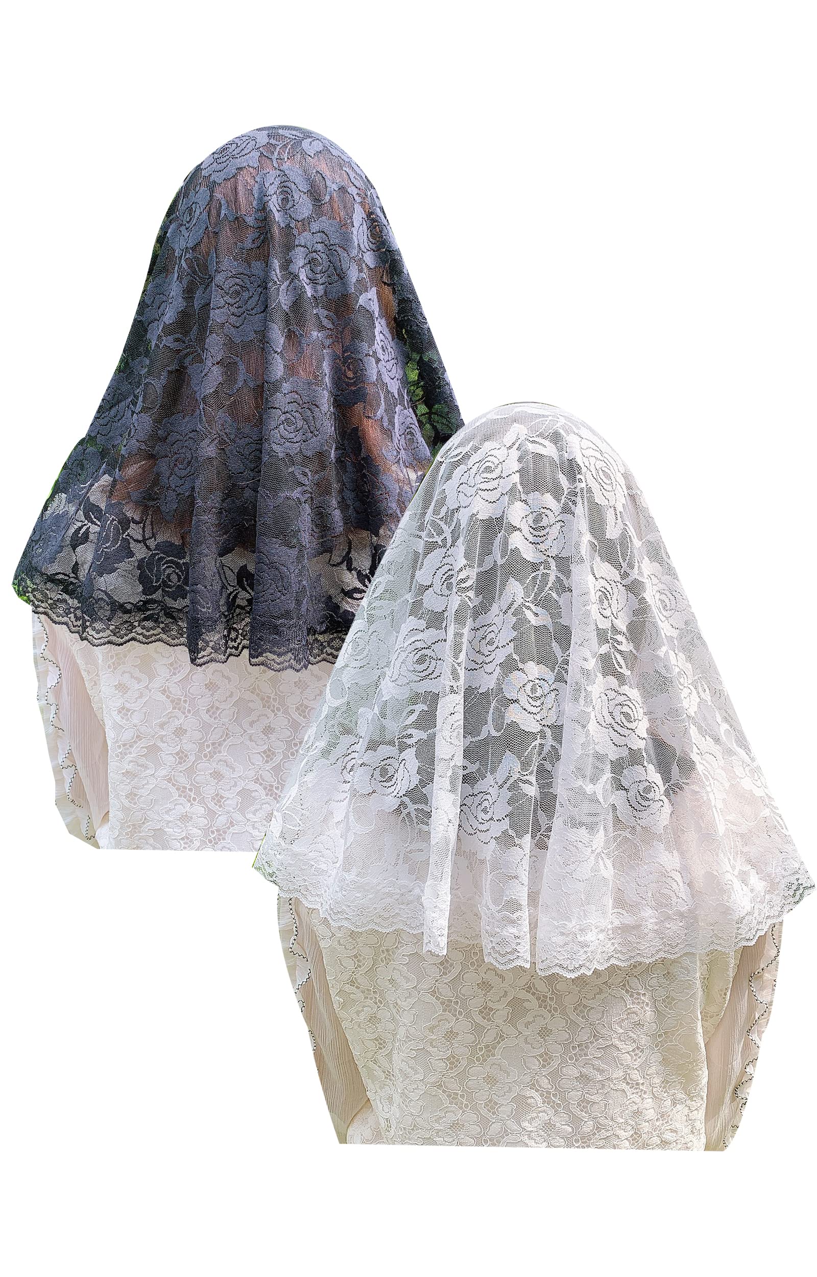 Grettytling womens Mantilla Church Veil For Catholic Woman Chapel Head Covering Mass D Shape Scarf, 2pcs Black&white, Medium