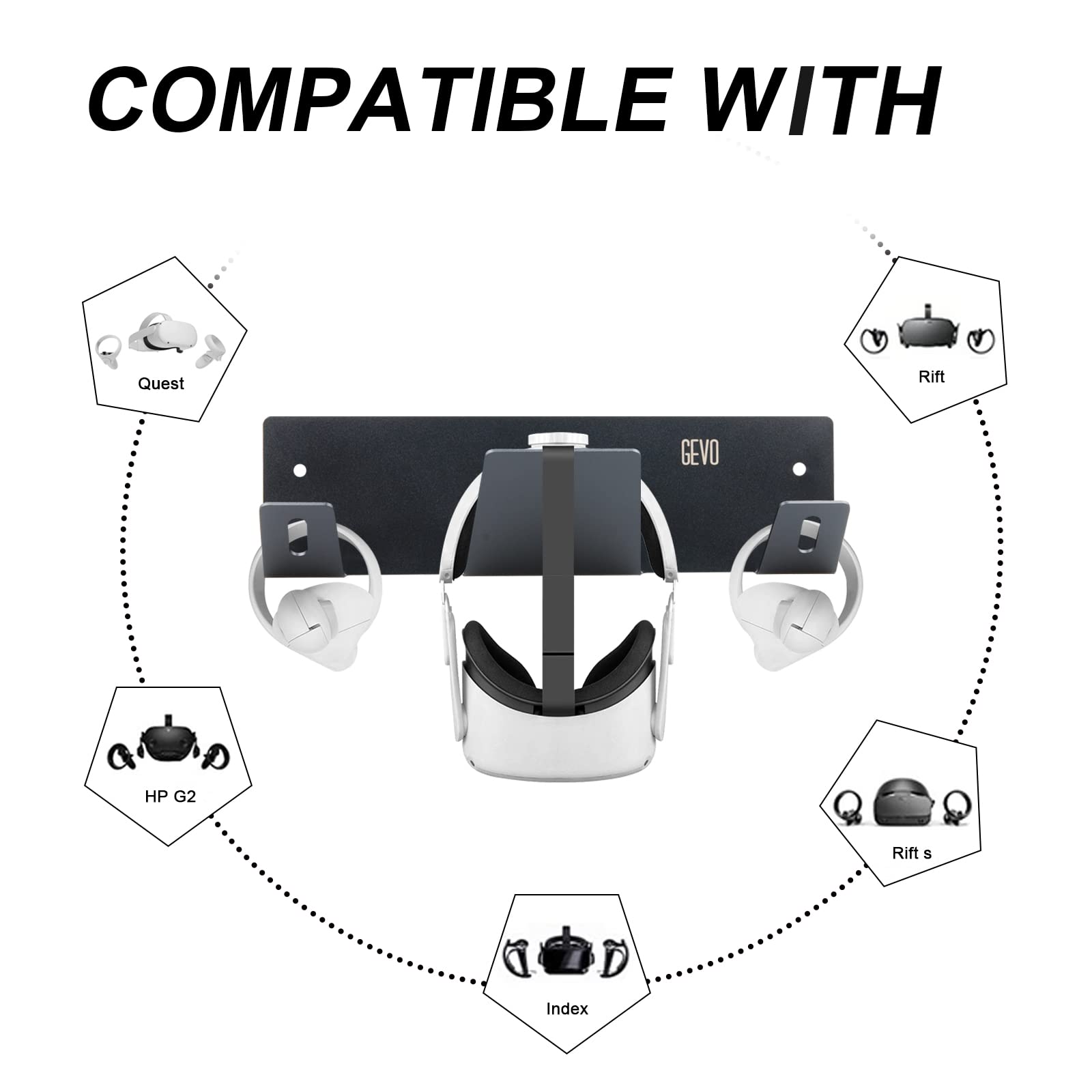 GEVO VR Stand Accessories, Wall Mount Stand Storage Stand Hook Display Organizer for Quest 2/Quest 3 Rift S/Valve Index/HP Reverb G2/Quest VR Headset and Touch Controllers