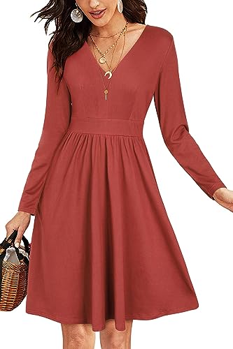 ULTRANICE Women's Fall Casual Long Sleeve Dresses V Neck Business Work Winter A Line Church Dress with Pockets 2023(Red E,XL)