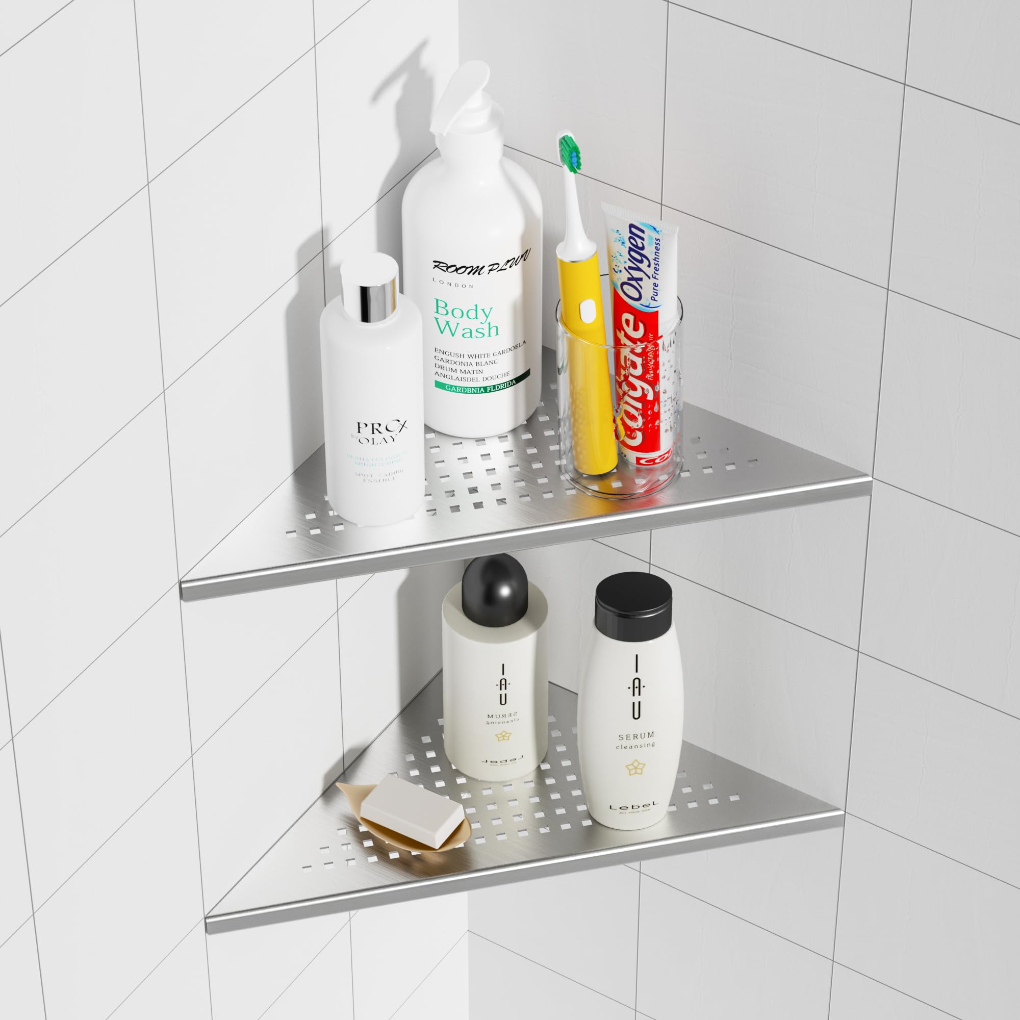 Neodrain 10 Inch Brushed Corner Wall Shelf Set of 2, Floating Corner Shelves for Wall, 304 Stainless Steel Wall Storage Shelves for Bathroom,No Drilling