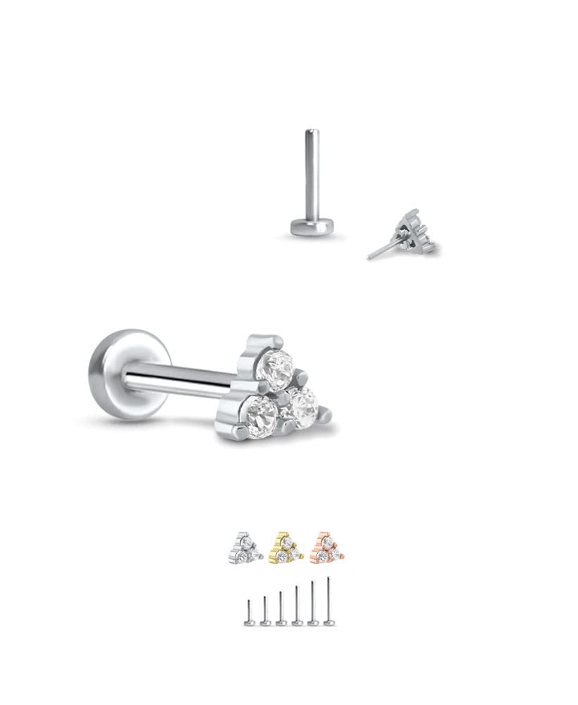 Gold-Tone 316 Stainless Steel Threadless Push Pin Nose Ring Labret Monroe Stud Trinity, 11/32" (9mm) Post Length 16G