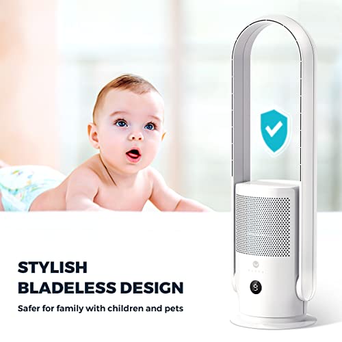 ULTTY Bladeless Tower Fan and Air Purifier in one, True HEPA Filter 99.97% Smoke Dust Pollen Dander, Oscillating Tower Fan with Remote Control R22, White