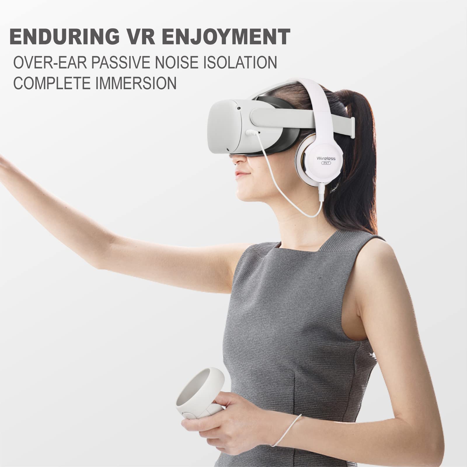 Gaming Headphones Compatible with Meta Quest 2 Headset Increase VR Immersion - VR Headphones with Custom Length Cable, Optimized Gaming Audio Driver, VR Accessories - White