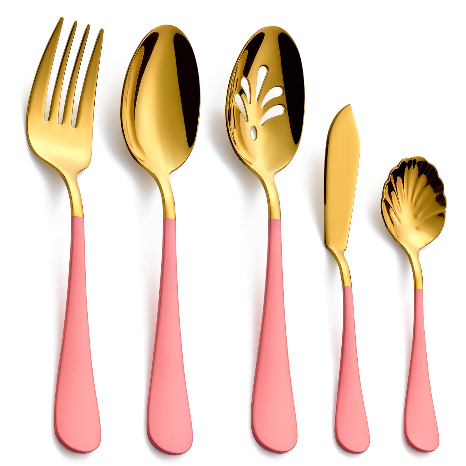 Moxinox 10-Piece Black & Gold Flatware Serving Set, 18/0 Stainless Steel Colorful Handle, Includes Serving Fork, Solid & Pierced Serving Spoon,Sugar Spoon,Butter Knife,Mirror Polished,Dishwasher Safe