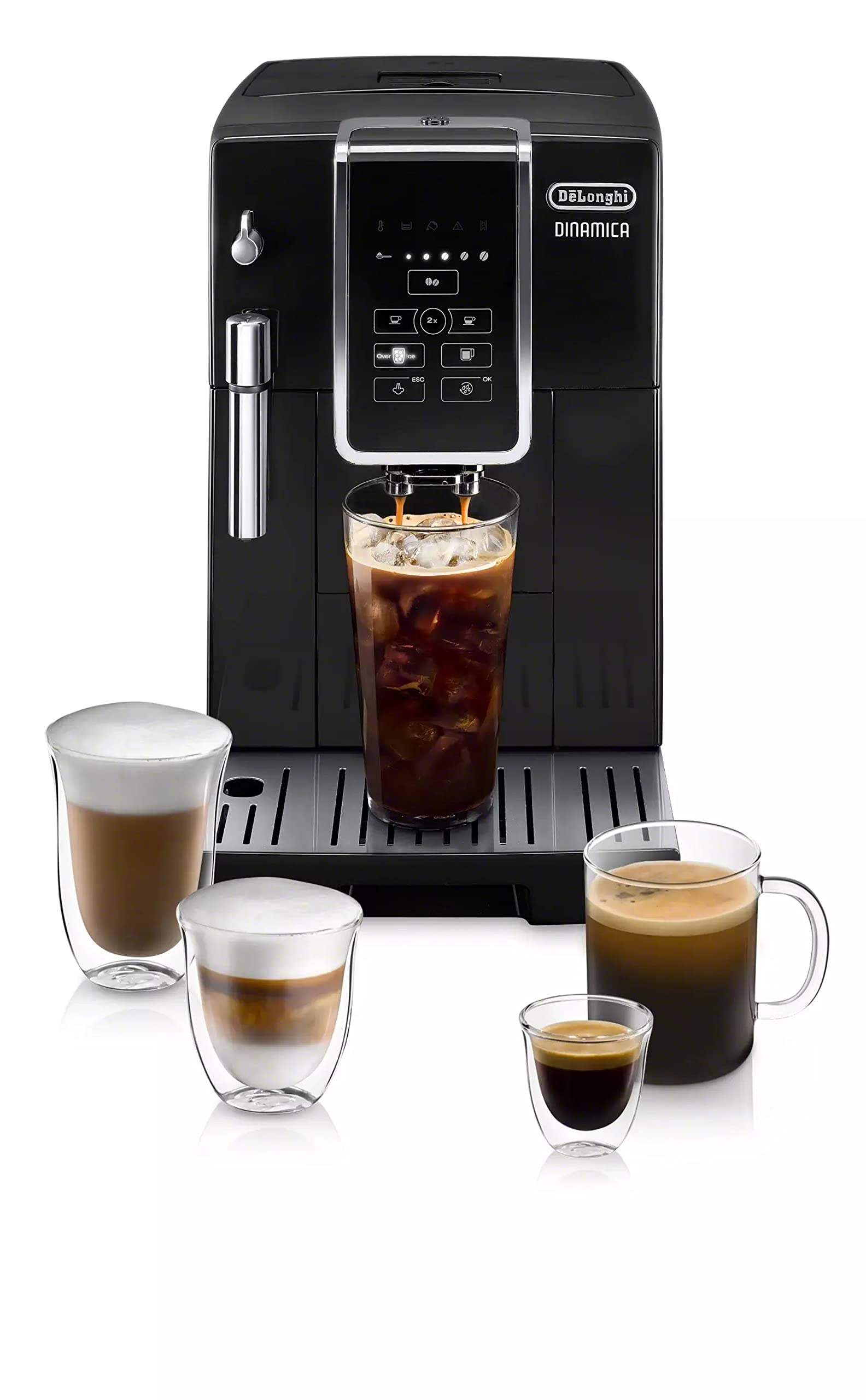 De'Longhi ECAM35020B Dinamica Automatic Coffee & Espresso Machine TrueBrew (Iced-Coffee), Black & DeLonghi Double Walled Thermo Espresso Glasses, Set of 2, Regular, Clear