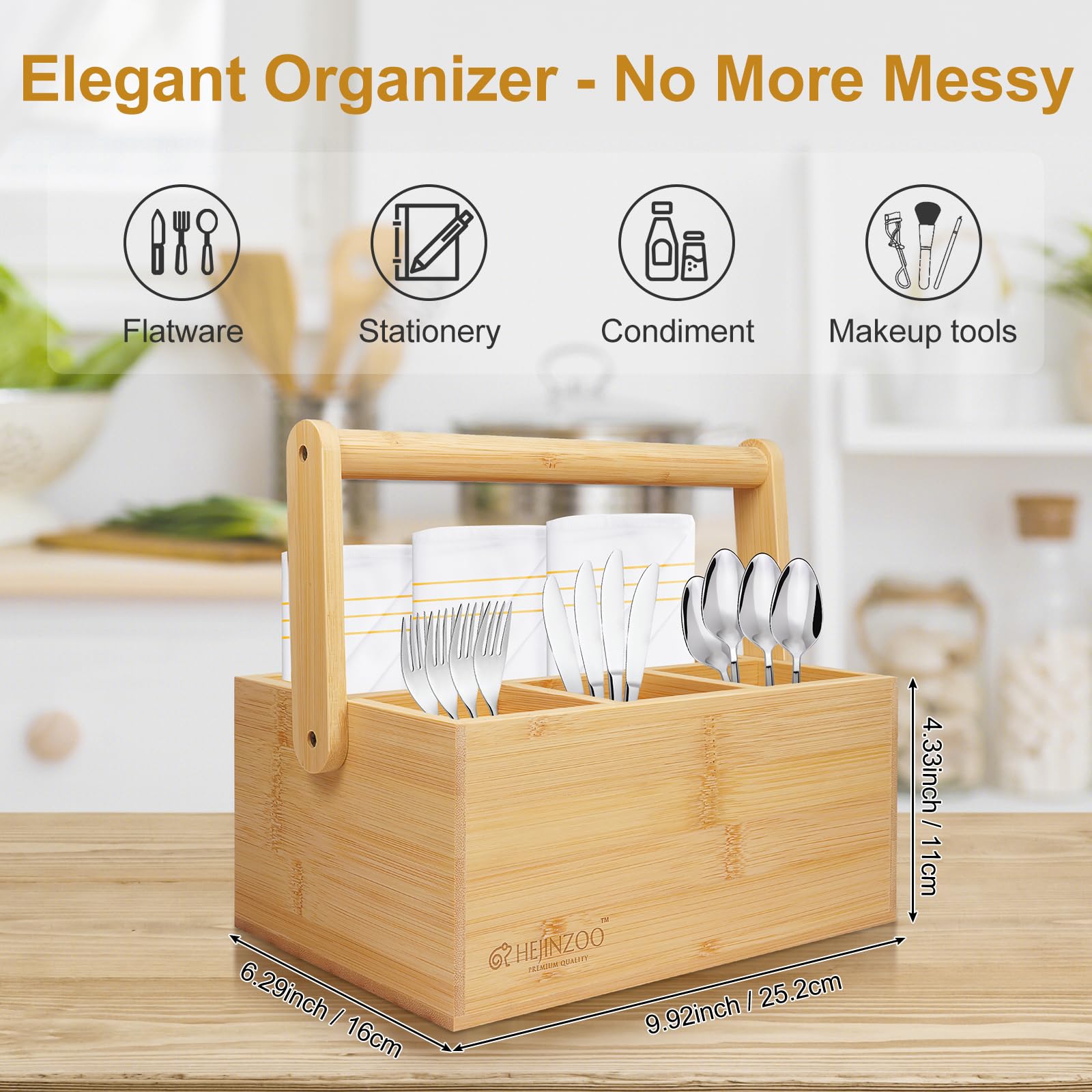 HEJINZOO Silverware Caddy with Handle, Bamboo Utensil Holder, Mulip-pose Organizer for Kitchen, Office, Bathroom, Bedroom, Organizer for condiments, flatware, office supplies, makeup tools