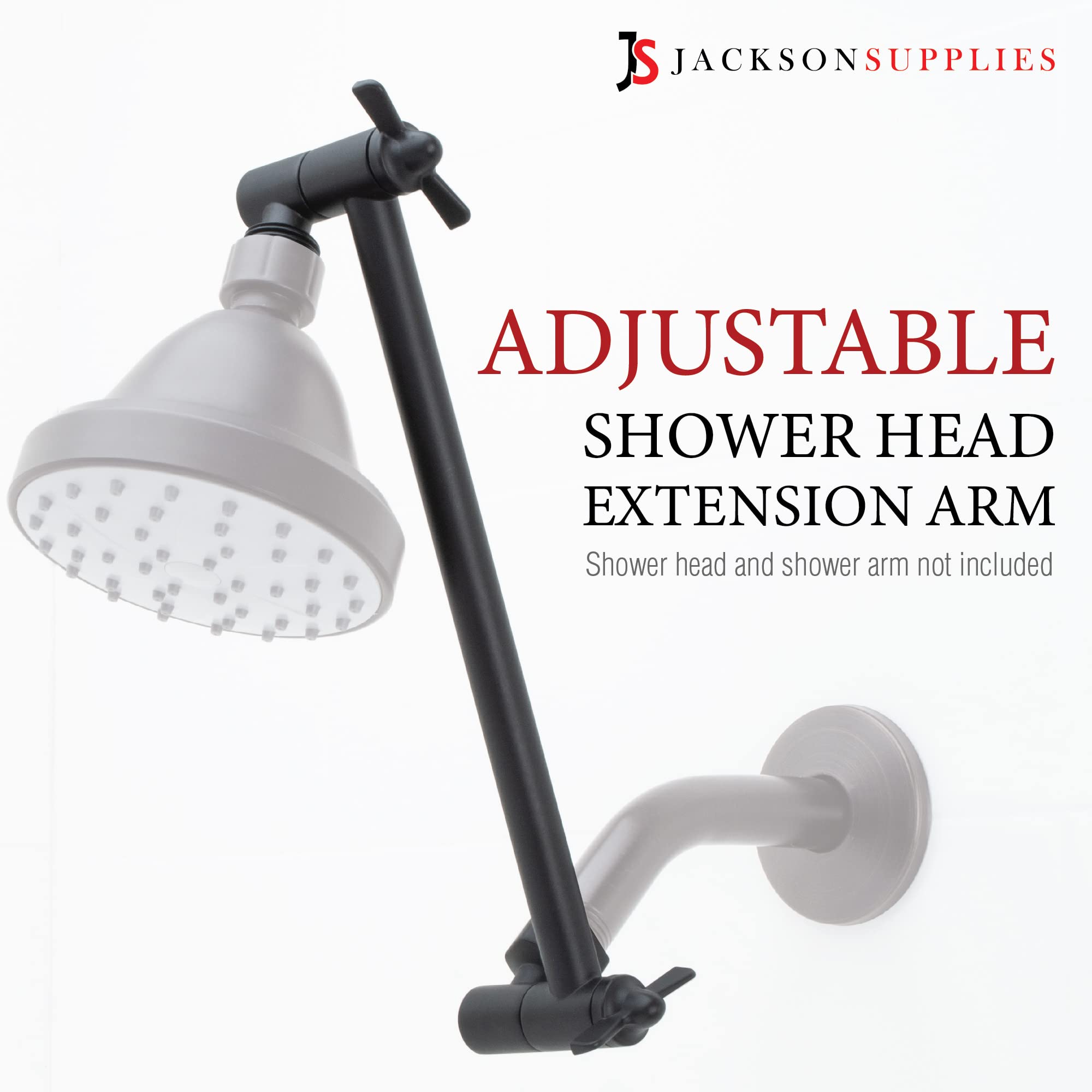 Shower Head Extension Arm by JS Jackson Supplies, Adjustable 10 Inch Showerhead Extender, Solid Brass Construction, Universal Tall Hi-lo Pipe Height Extending (Black Finish)