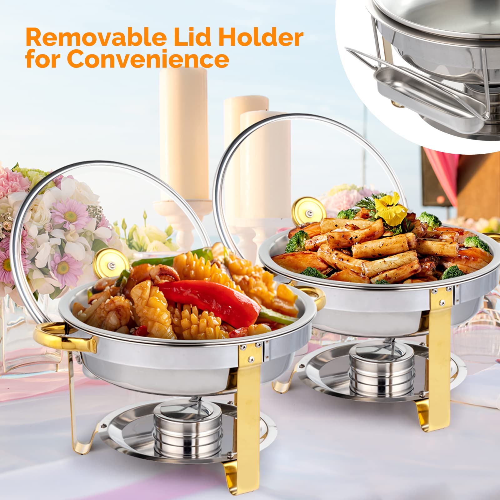 ROVSUN 5QT 8 Packs Chafing Dish Buffet Set Gold Accent, Round NSF Stainless Steel Buffet Warmer Chafers and Buffet Warmers Sets with Glass Lid & Lid Holder for Catering Events Parties Weddings Dinners