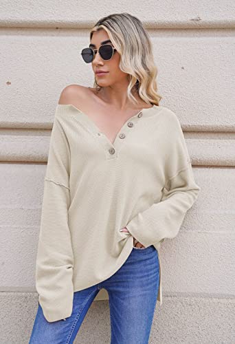 Pink Queen Women's Button Oversized Sweater Batwing Long Sleeve V Neck Henley Top Fall Pullover Knit Jumper Beige XL