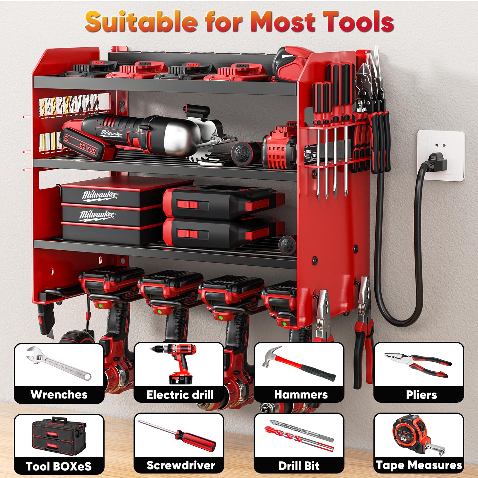 POKIPO Power Tool Organizer Wall Mount with Charging Station,Tool Storage Rack with 8 Outlet Power Strip,Heavy Duty Metal Battery Utility Rack with 4 Cordless Drill Holder 6.56 Ft Cord for Garage