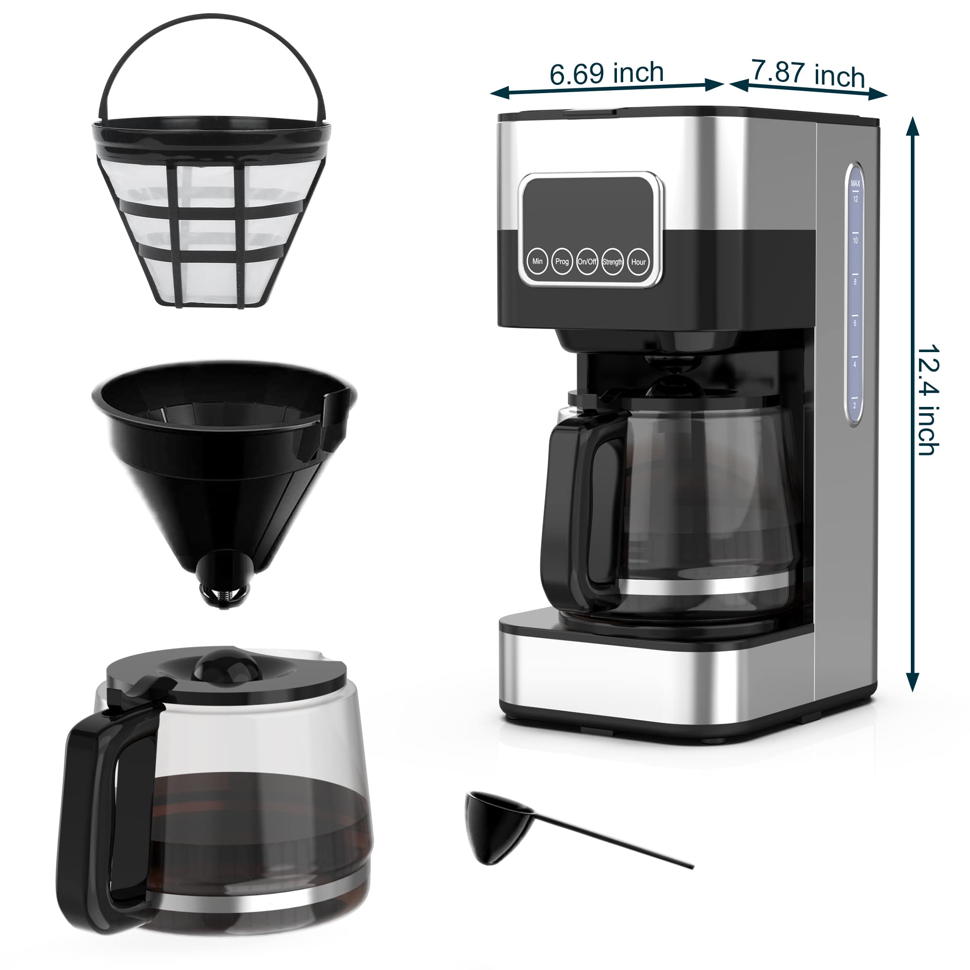 Gardcare 10-Cup Coffee Maker with Smart Touch Screen, 24-hour Programmable Coffee Machine, Stainless Steel Glass Carafe Pot with Brew Strength Control, Automatic Anti-Drip System, Black