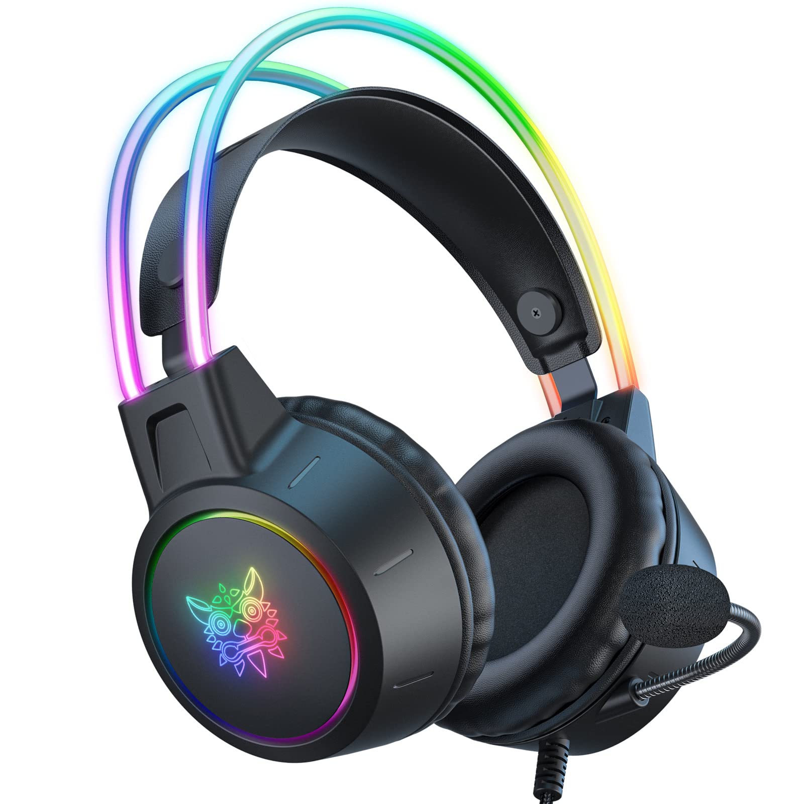 Gaming Headset for PS4, PC Gaming Headphone with RGB Streamer Gradient Headband and Noise Reduction Mic, 7.1 Surround Sound Suspended Wired Headsets for PS5, PC, PS4, iMac, Laptop (Black)